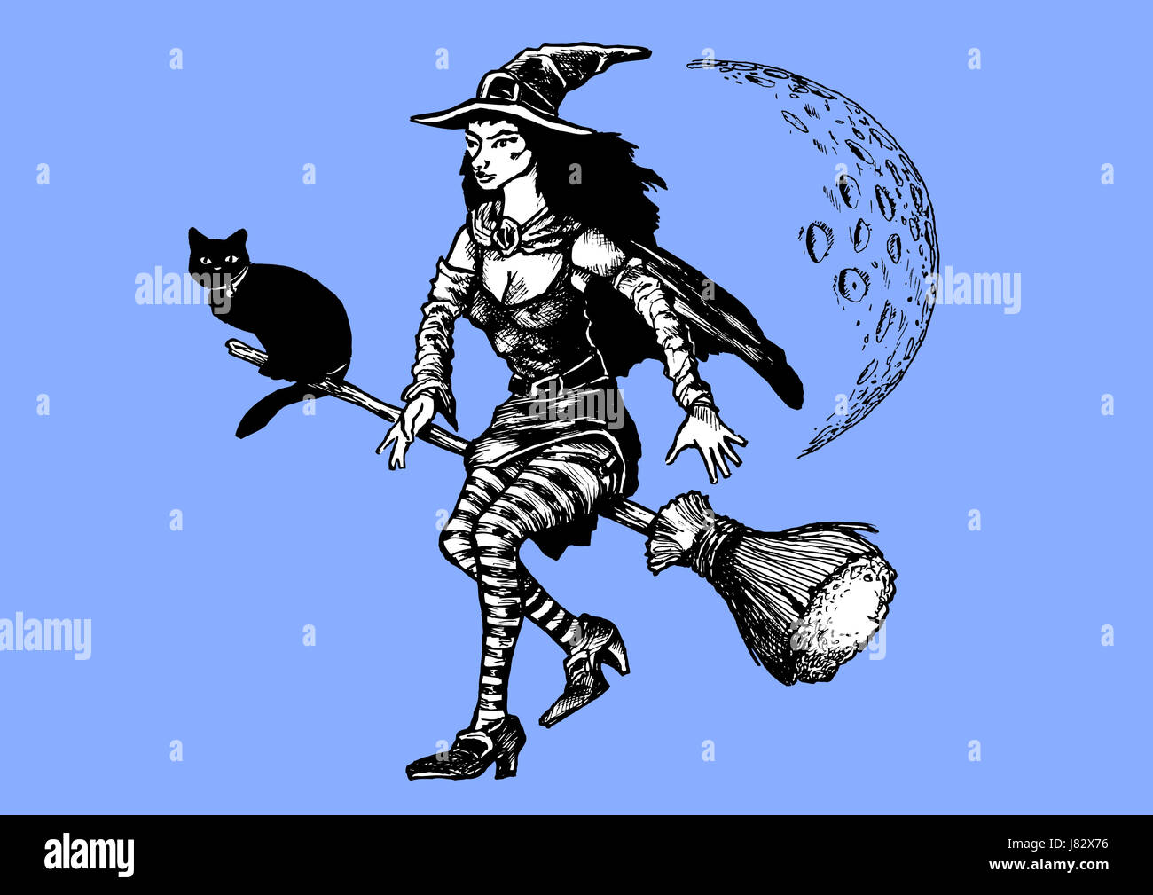 woman blue line drawing night nighttime moon bad peccant wickedly evil ...