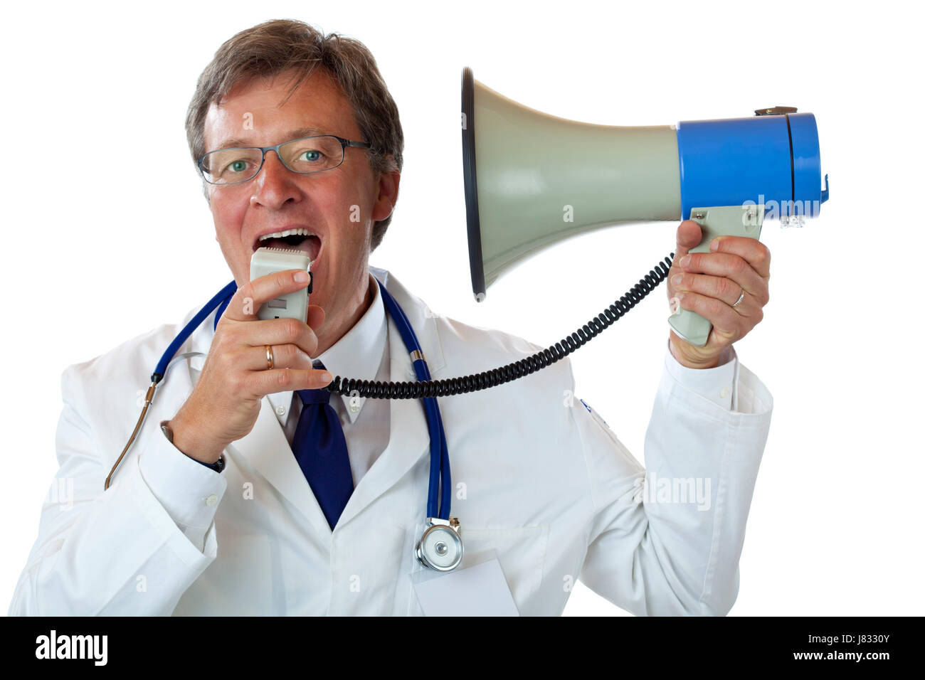 senior physician screaming with megaphone own ear Stock Photo - Alamy