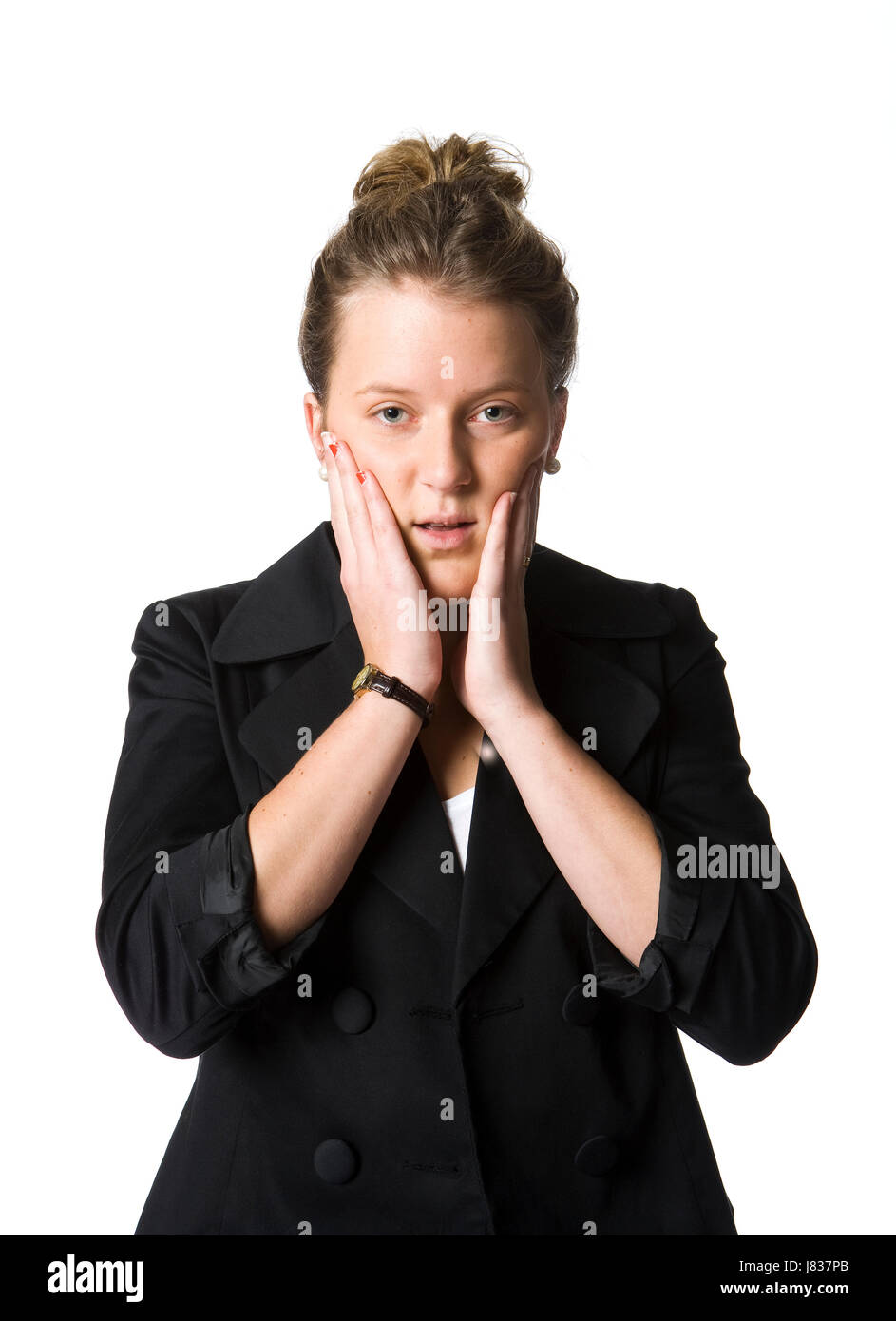 woman female face studio frightened expression anxious afraid amaze ...