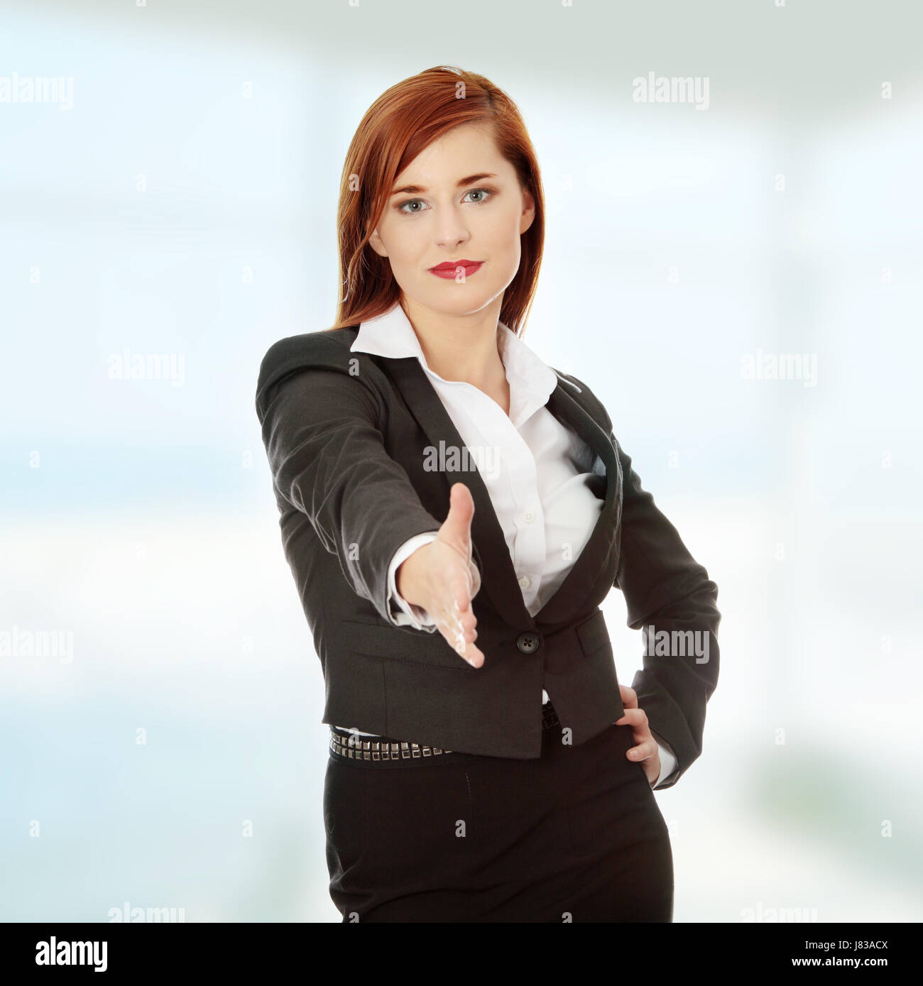 woman office career present indicate show hand hands handshake greeting ...