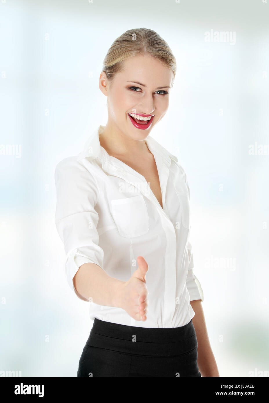 woman office career present indicate show hand hands handshake greeting ...