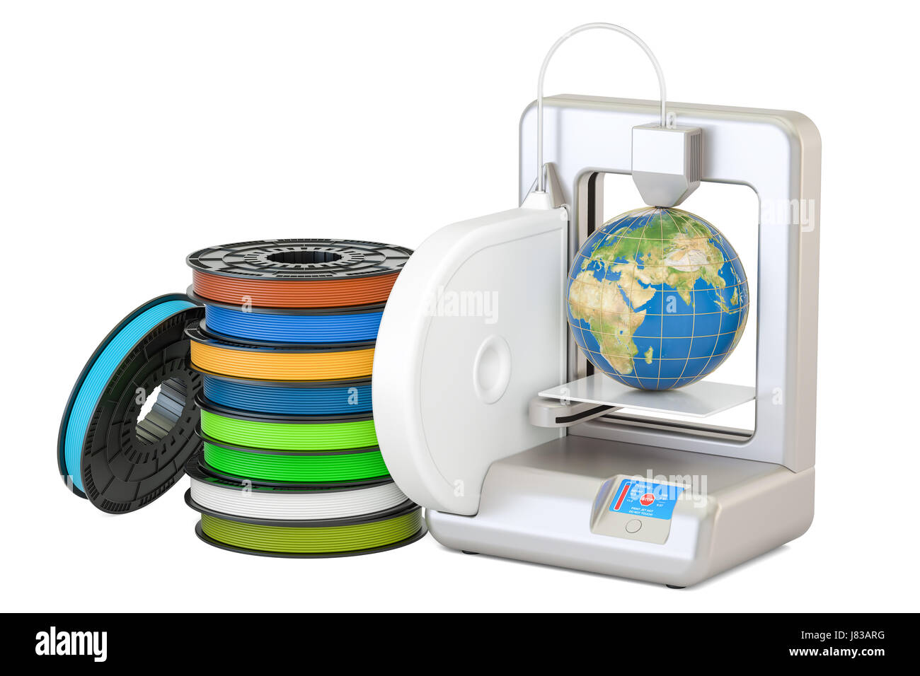 Modern 3D printer with Earth globe, 3D rendering isolated on white ...