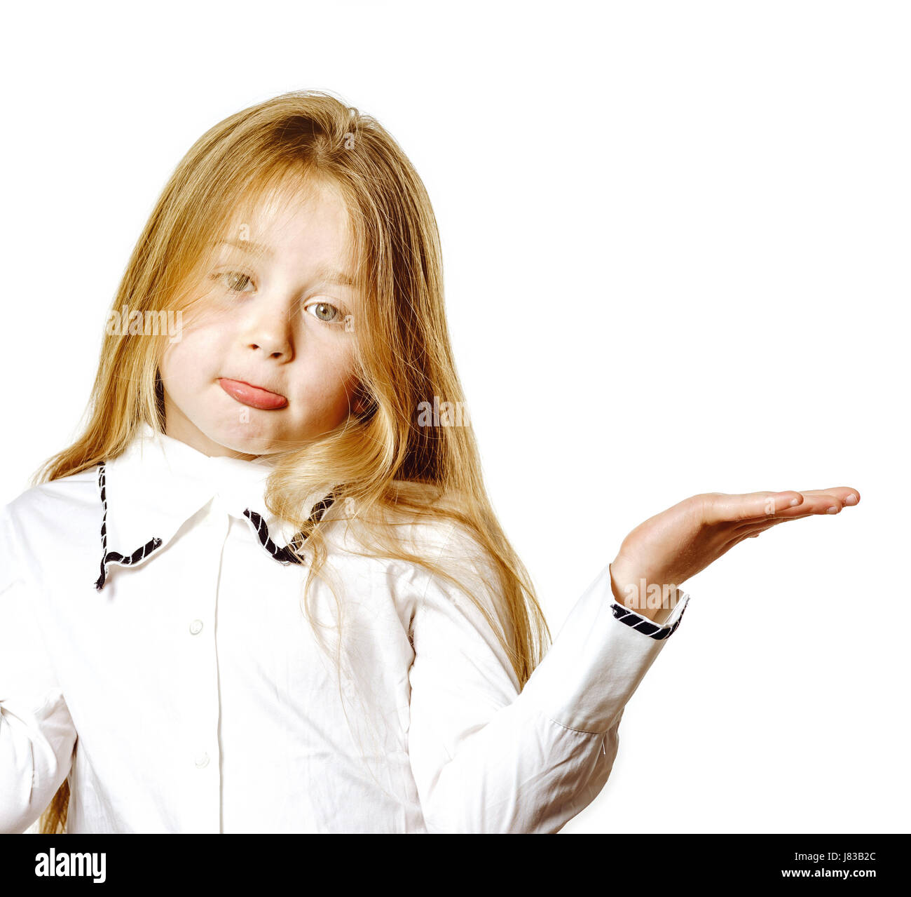 Cute little girl posing for advertising, making signes by hands and ...