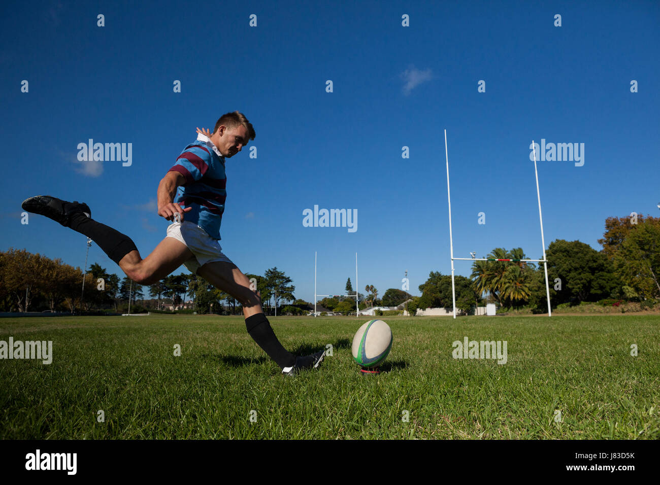 Full length of rugby player kicking ball for goal against clear blue ...