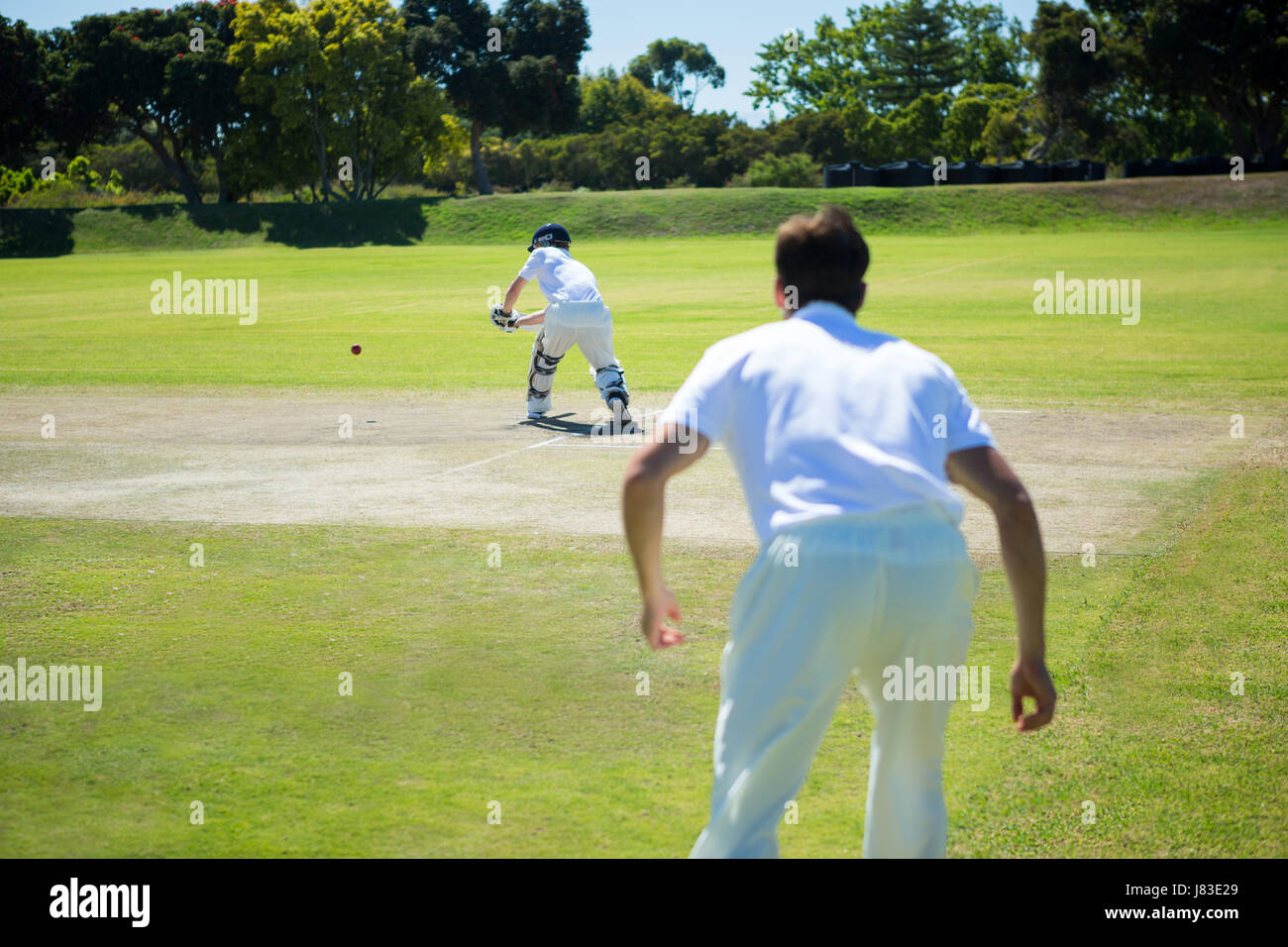 Rear view of men playing cricket at pitch on sunny day Stock Photo - Alamy