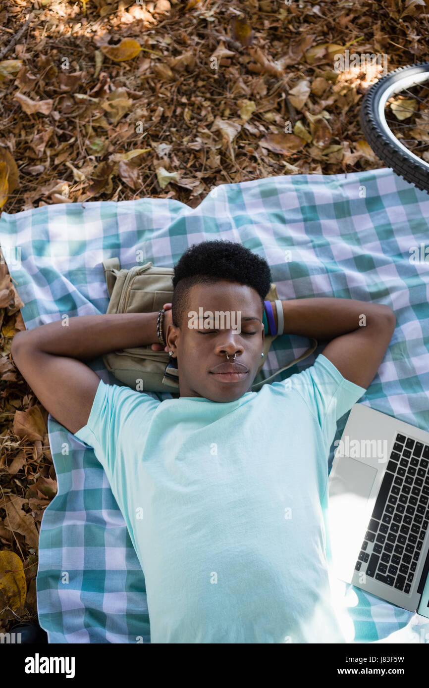 Young man sleeping on a picnic blanket in the park Stock Photo - Alamy