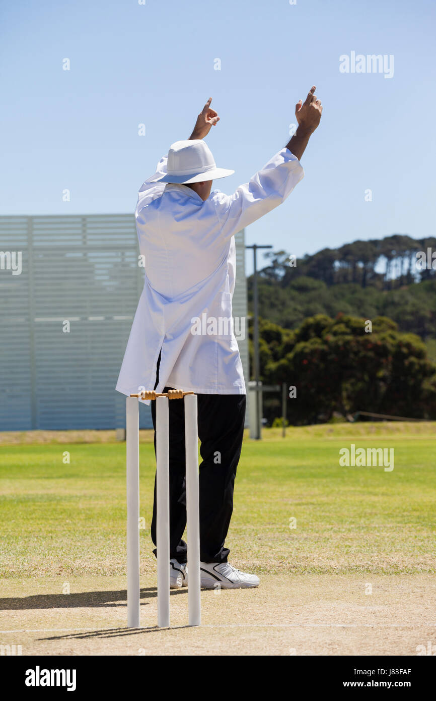 Full length of cricket umpire signalling six runs during match on sunny ...