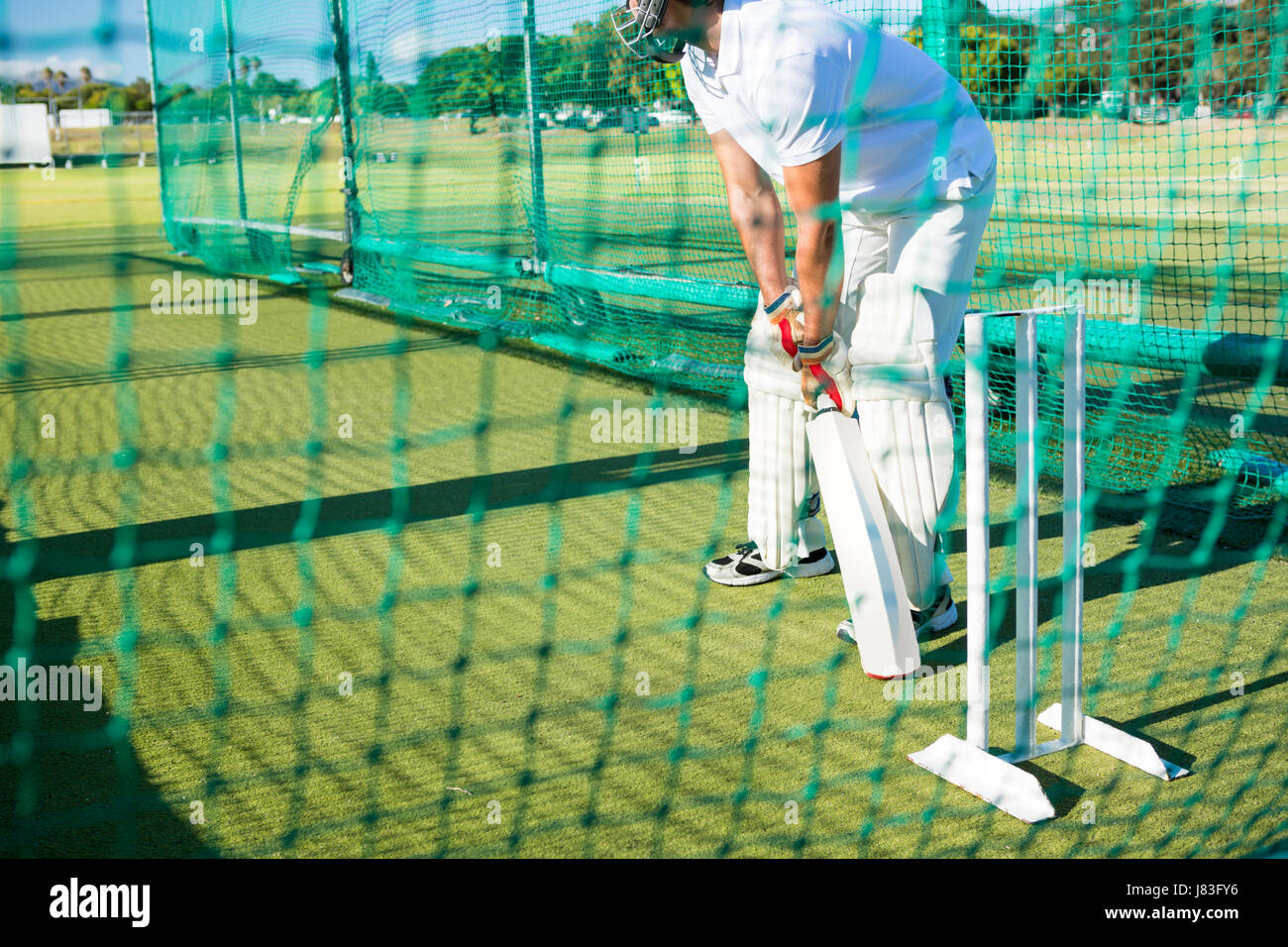 Low section of man playing cricket at field on sunny day Stock Photo ...