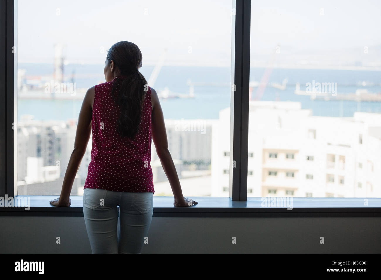 Rear view of executive looking through window in office Stock Photo - Alamy