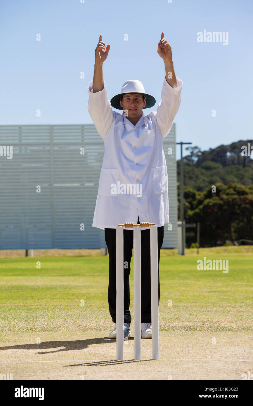 Cricket umpire signalling six runs during match on sunny day against ...