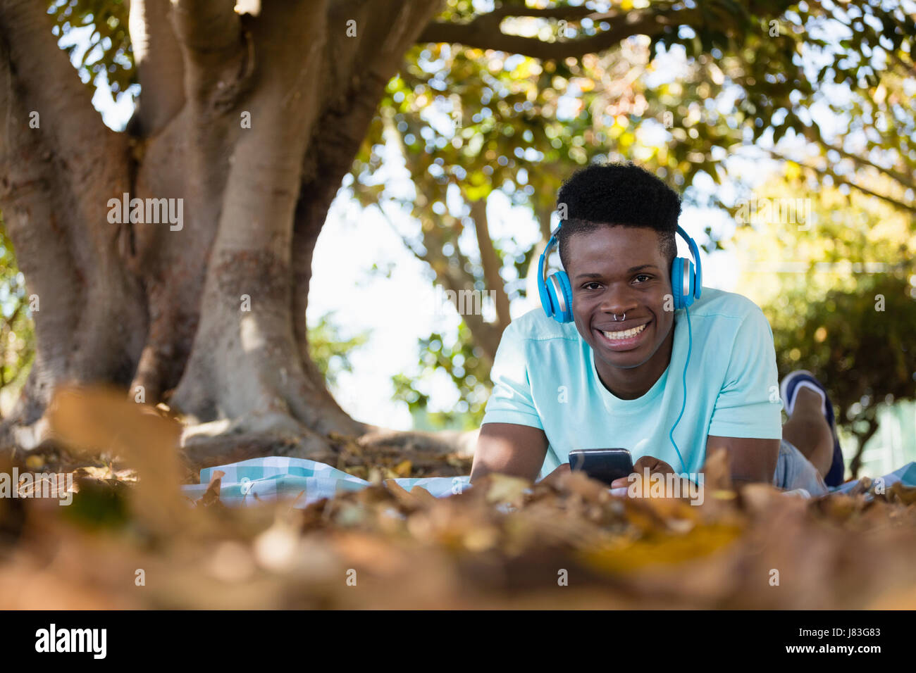 Young man using mobile phone while lying on a picnic blanket in the ...
