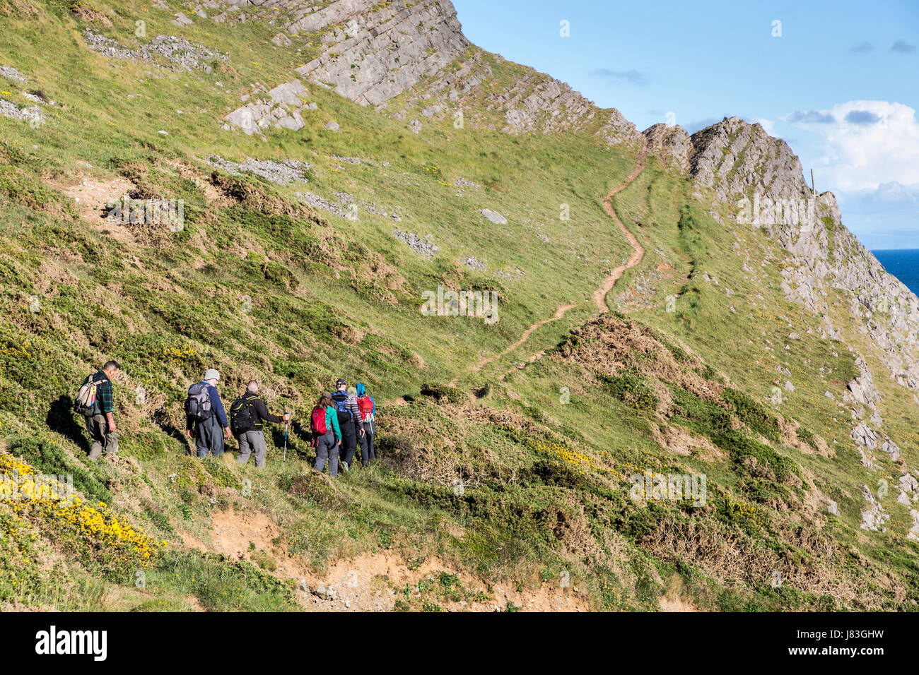 Group of walkers on the coast path near Overton cliffs, Gower, Wales ...