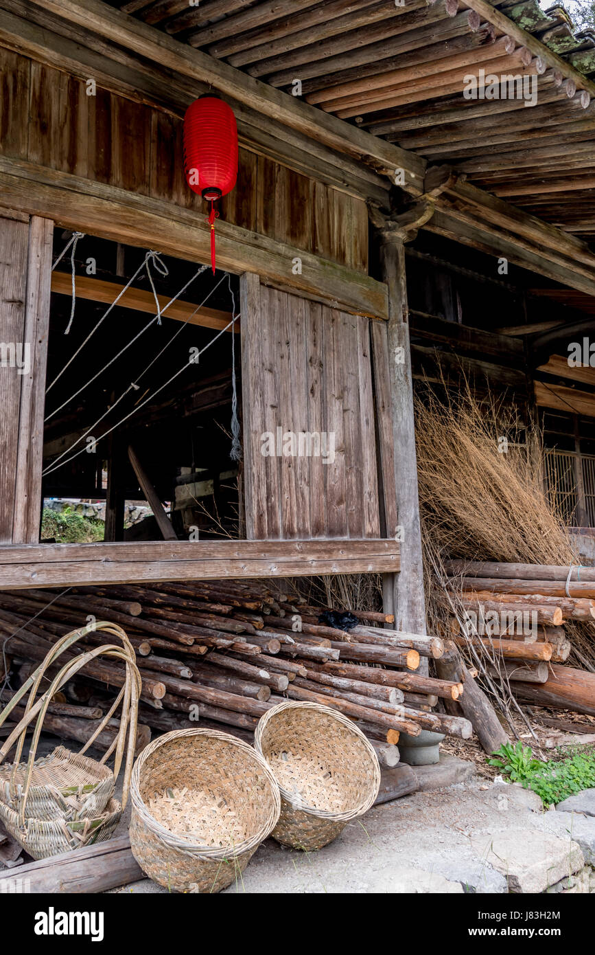 Barn in Lingkeng or Linkeng ancient village with red Chinese lantern ...