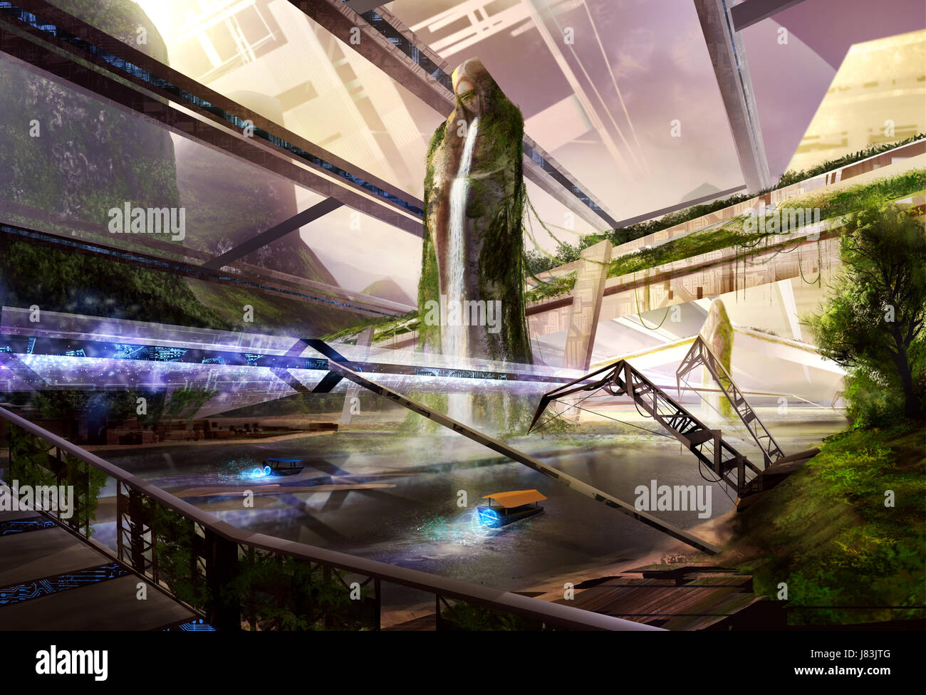 Futuristic valley river. Futuristic fantasy river valley with boats and ...