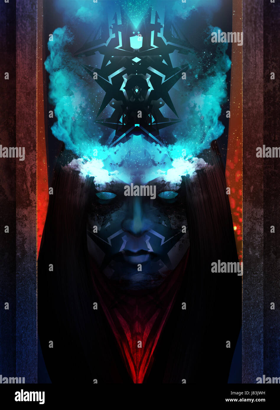 Horror woman portrait. Horror and scary tribal woman portrait with blue ...