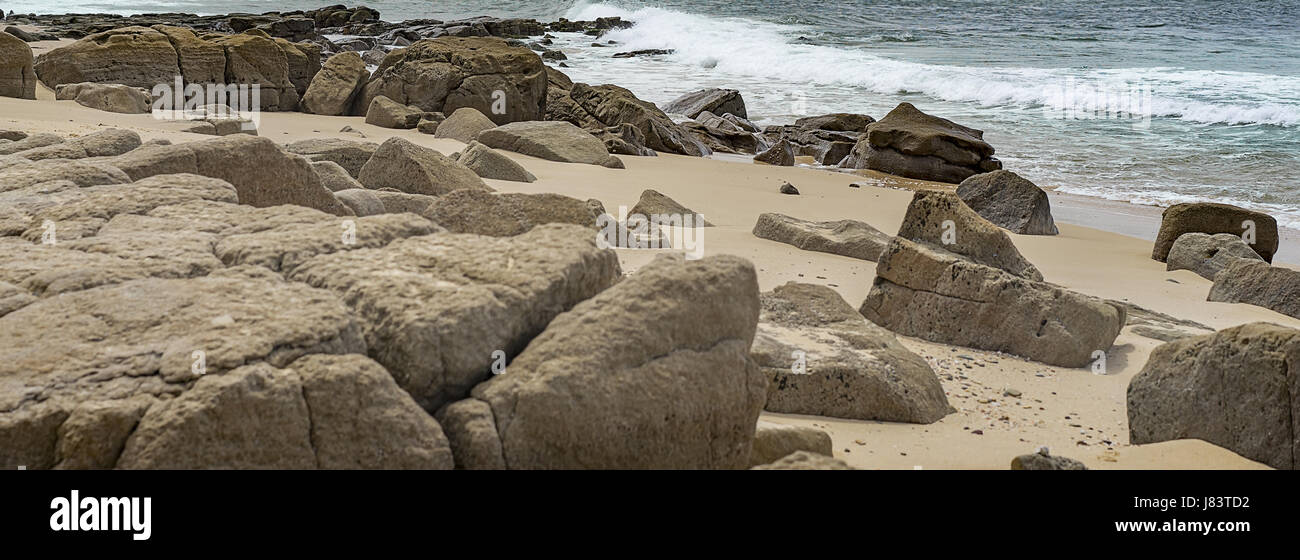 Australian panoramic rocky seafront beach view with rocks, boulders ...