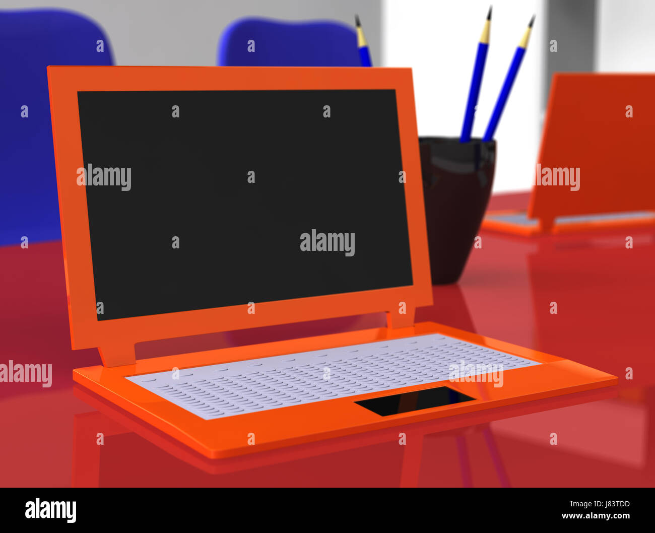 blue laptop notebook computers computer pencils up on with red table ...