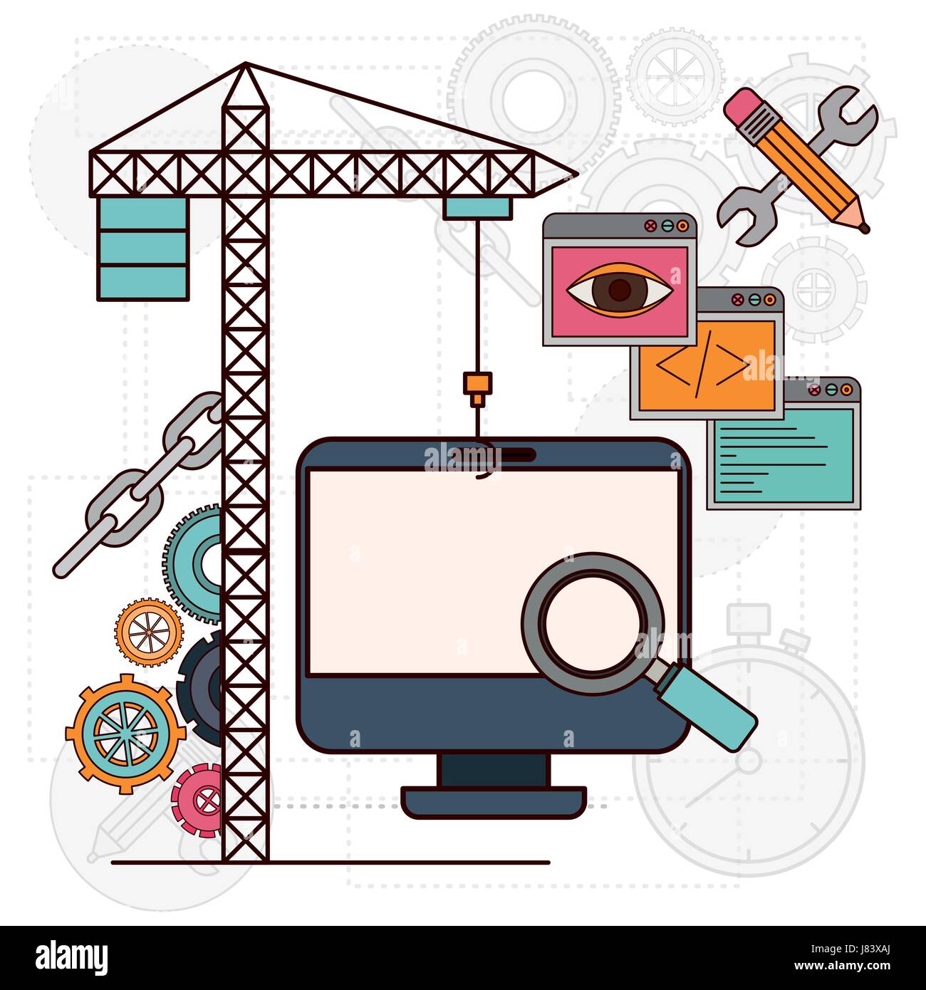 background with crane and desk computer for development of the ...