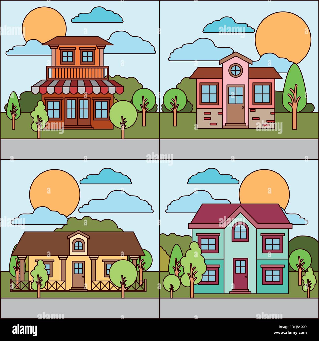 colorful natural landscape with graphic set of rural village Stock ...