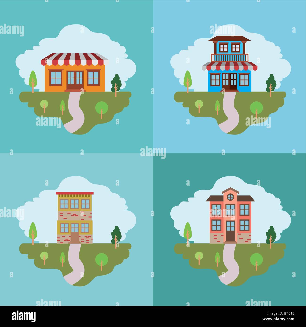 colorful landscape with set of country houses scenes Stock Vector Image ...