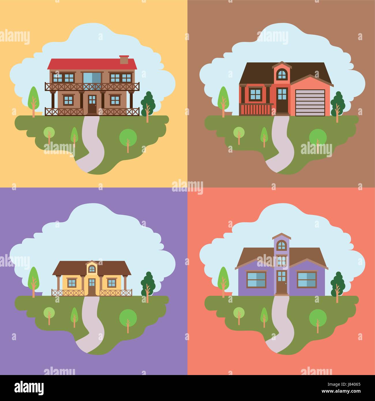 colorful landscape with group of country houses frames scenes Stock ...