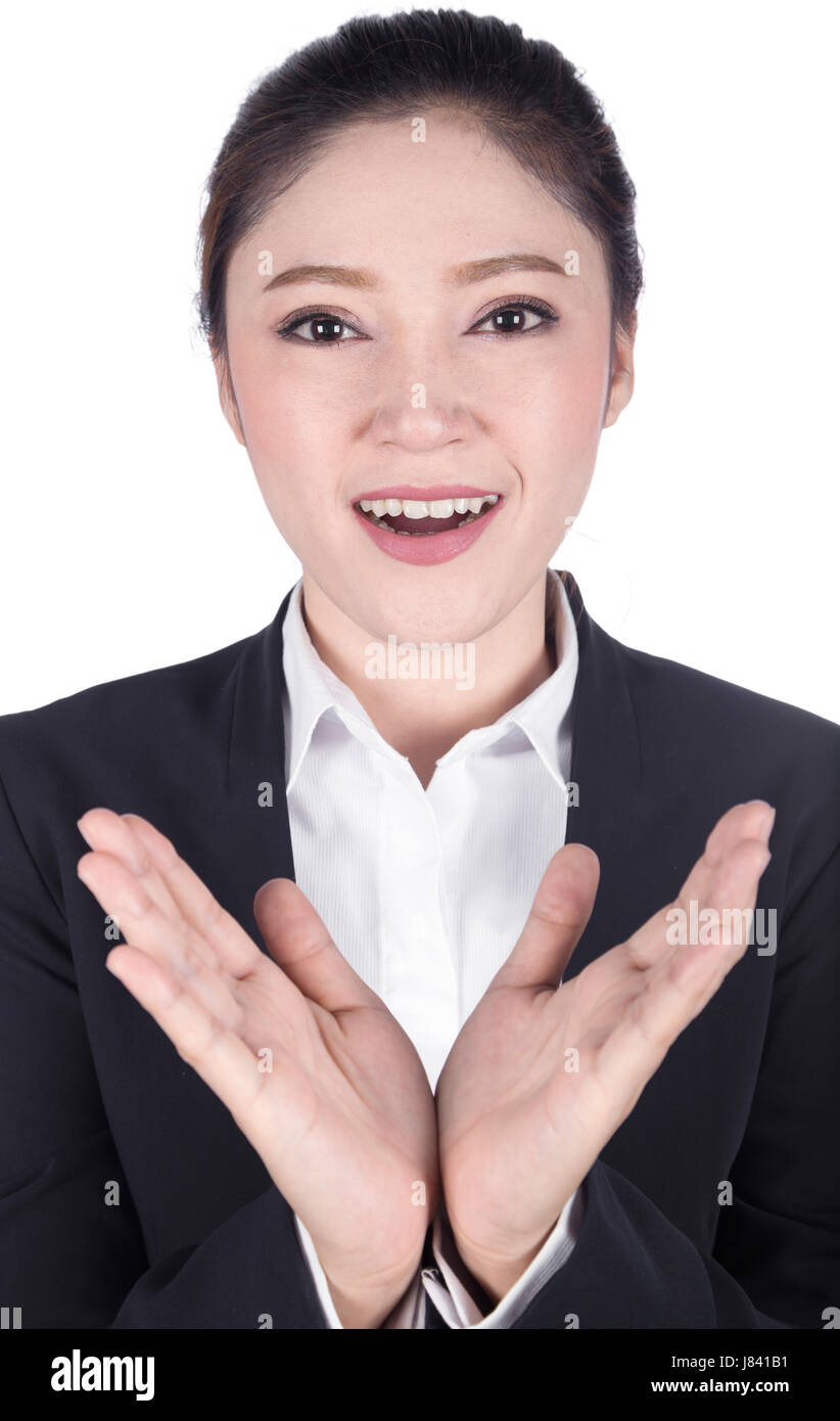 business woman open hand holding something isolated on white background ...