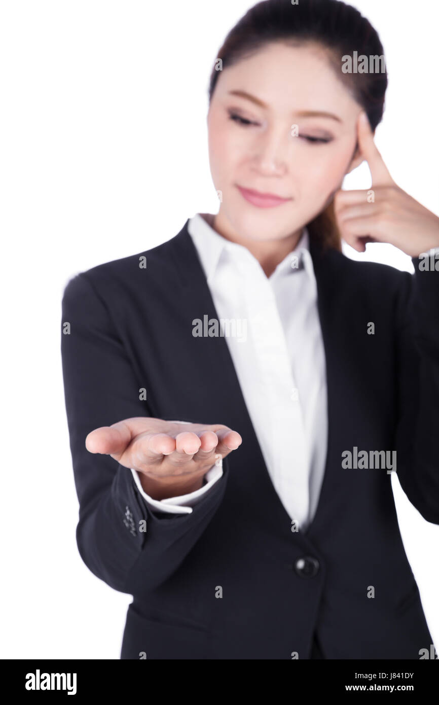 business woman open hand holding something and thinking isolated on ...
