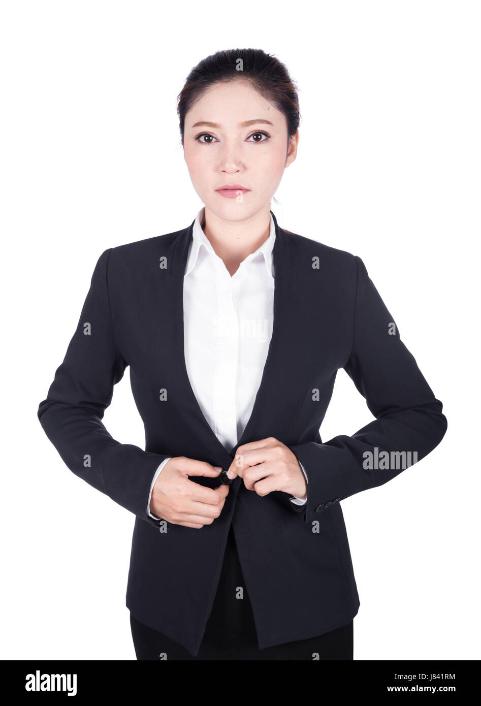 business woman buttoning her suit isolated on white background Stock ... business woman buttoning her suit isolated on white background Stock ...