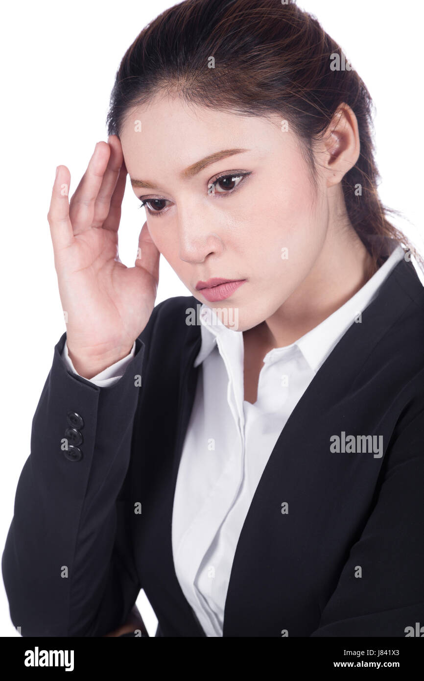 Worried business woman isolated on white background Stock Photo - Alamy
