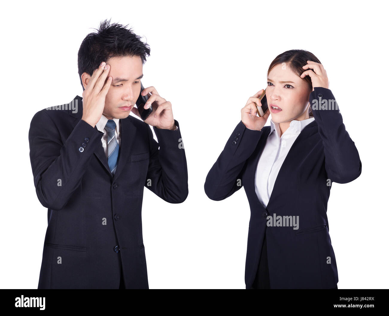 worried businessman and businesswoman talking on smartphone isolated on ...