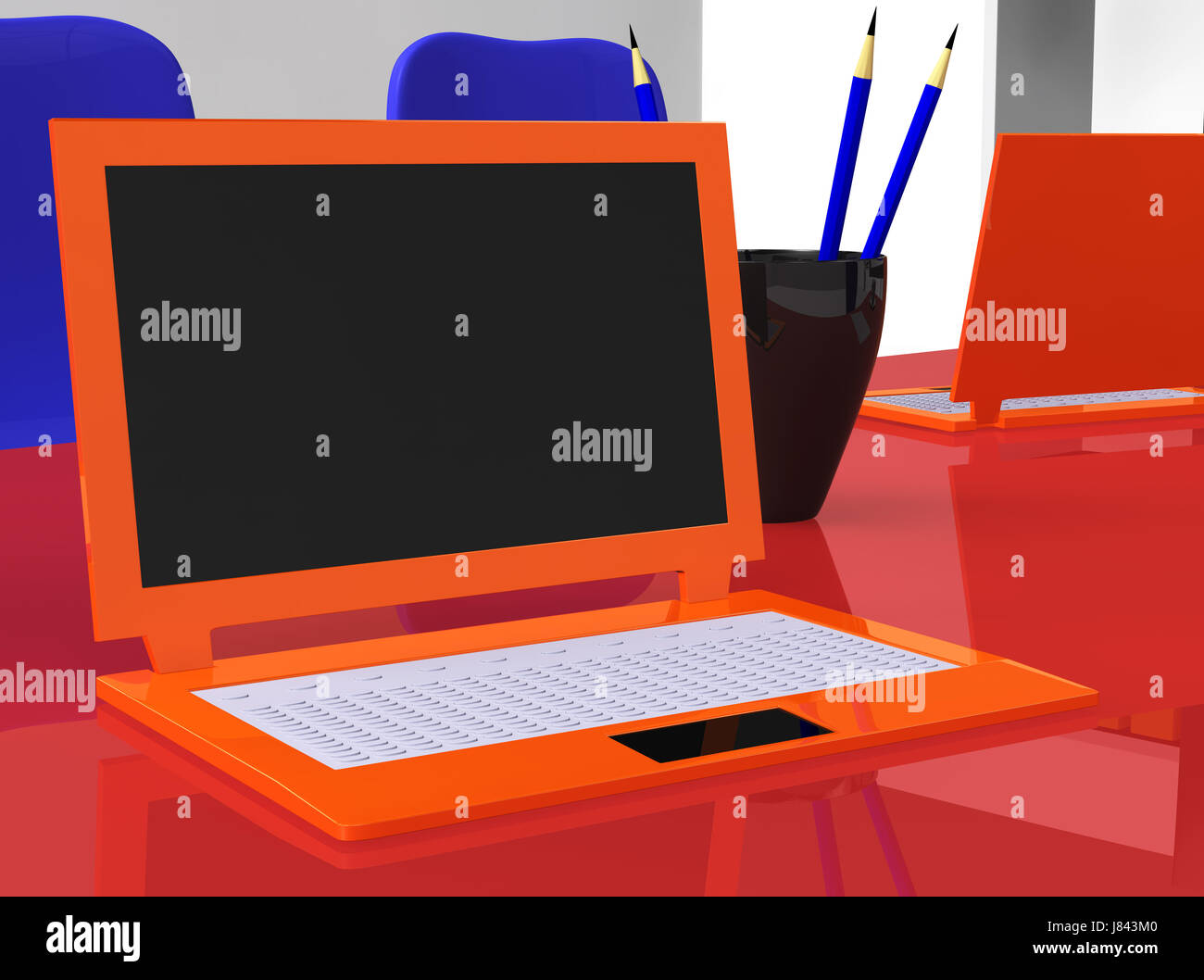 pencils up on laptops with red table cup office laptop notebook ...