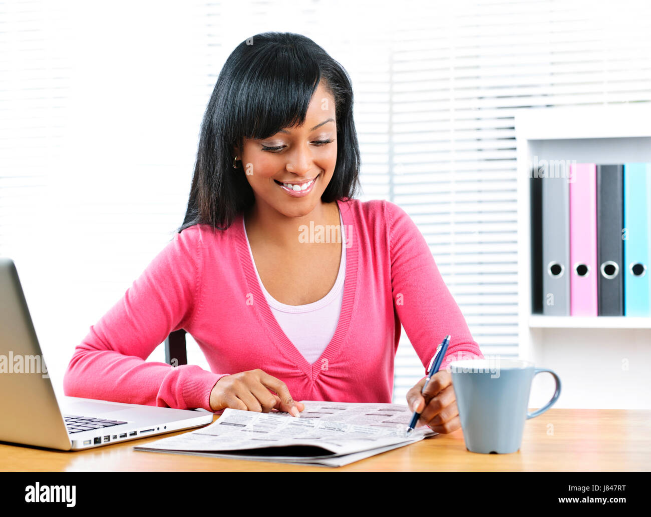 woman newspaper journal laugh laughs laughing twit giggle smile smiling ...