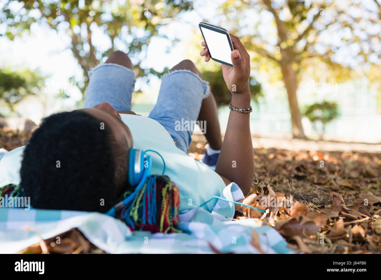 Young man using mobile phone while lying on a picnic blanket in the ...