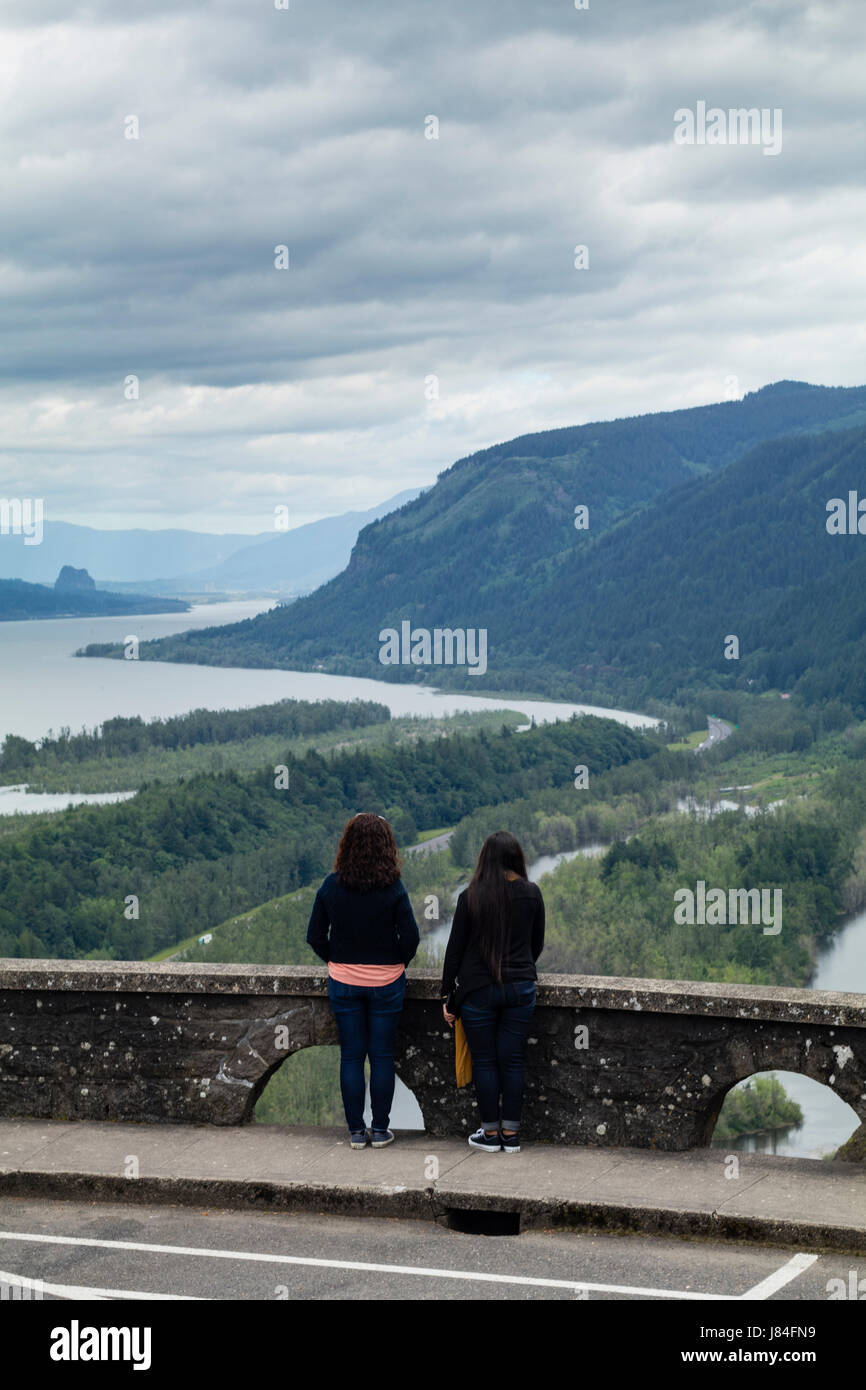 Two women at a Vista House viewpoint on the Columbia Gorge Scenic ...