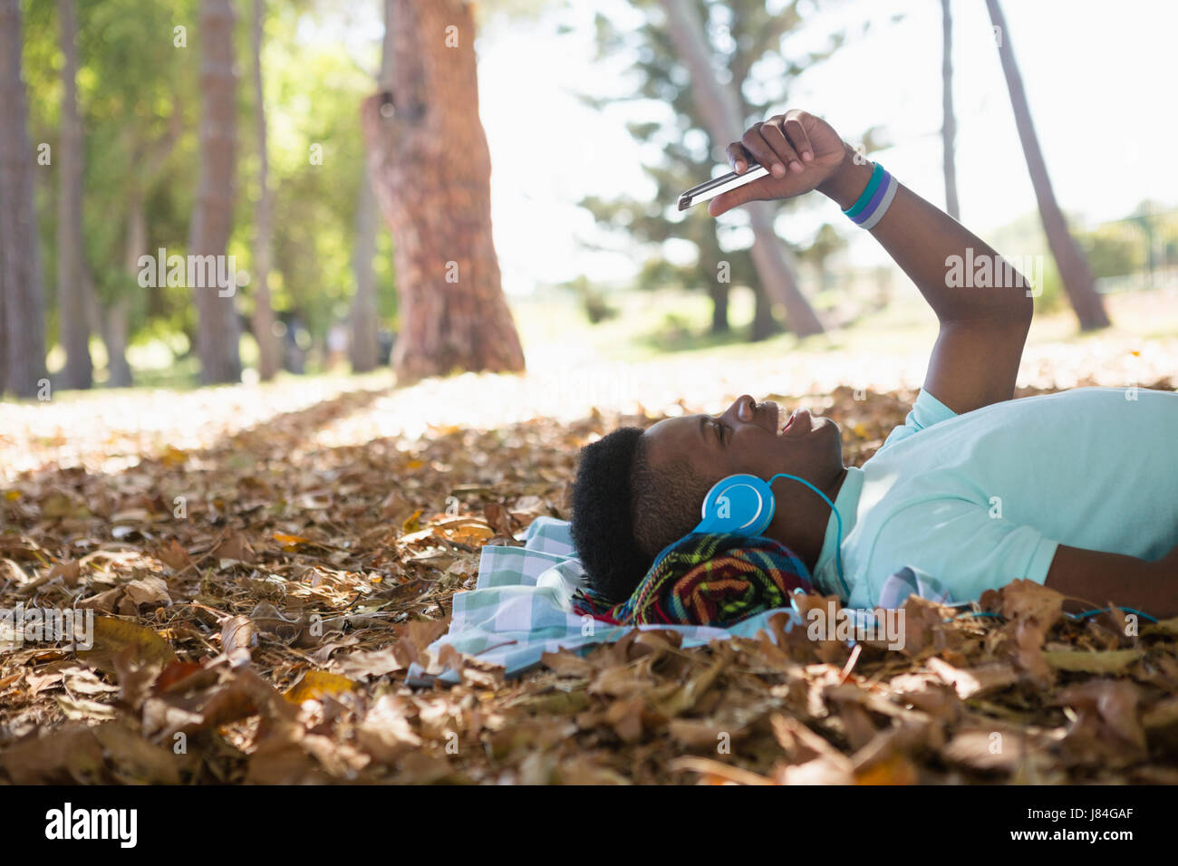 Young man using mobile phone while lying on a picnic blanket in the ...