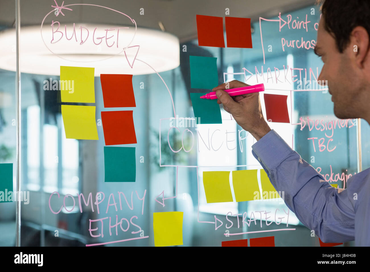 Male executive writing on glass board with a marker in office Stock ...