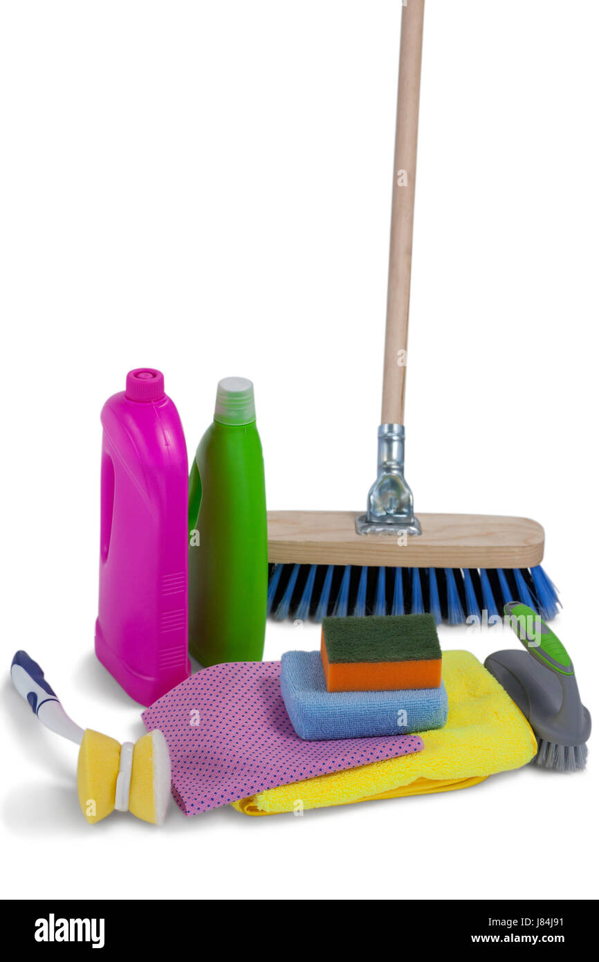 Close-up of various cleaning equipment on white background Stock Photo ...