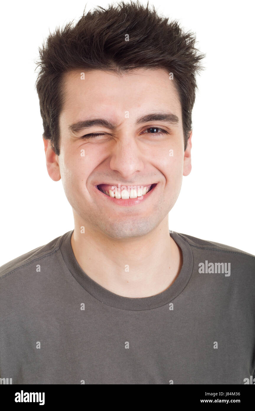 male masculine face portrait expression wink winking young younger man ...