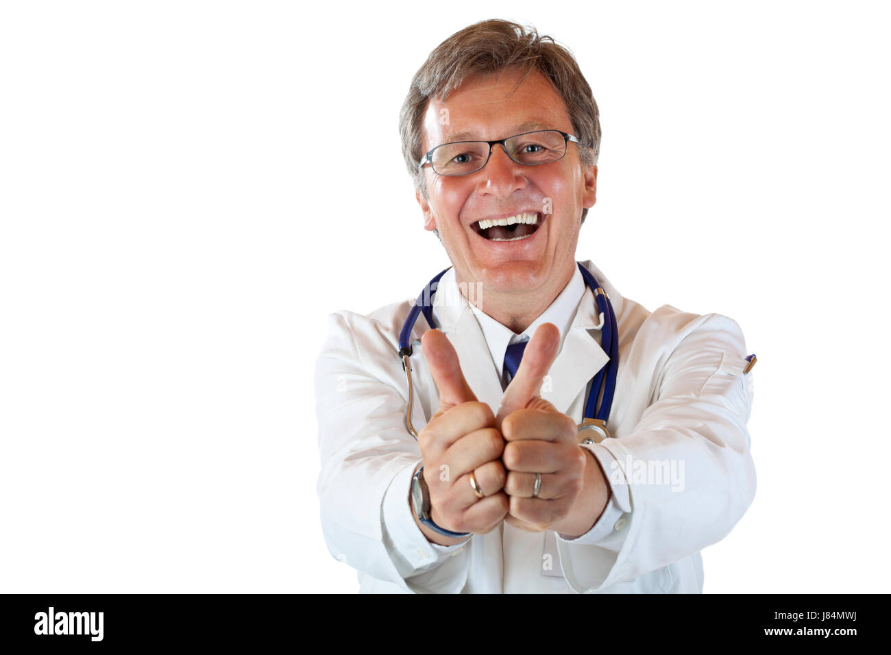 sympathetic doctor holds laughing thumbs up Stock Photo - Alamy