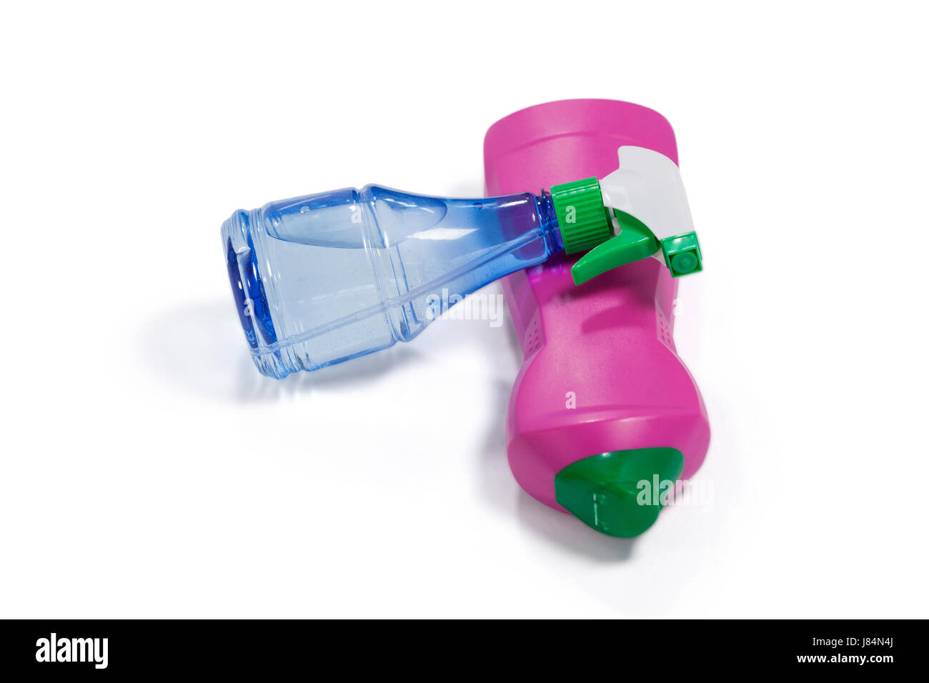 Detergent spray bottle and container arranged on white background Stock ...