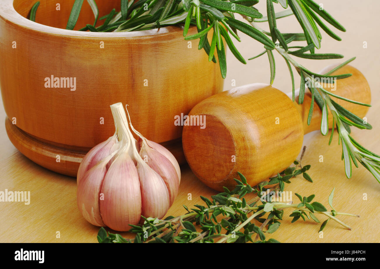 condiment mortar pestle garlic herb thyme ingredient board spice wood ...