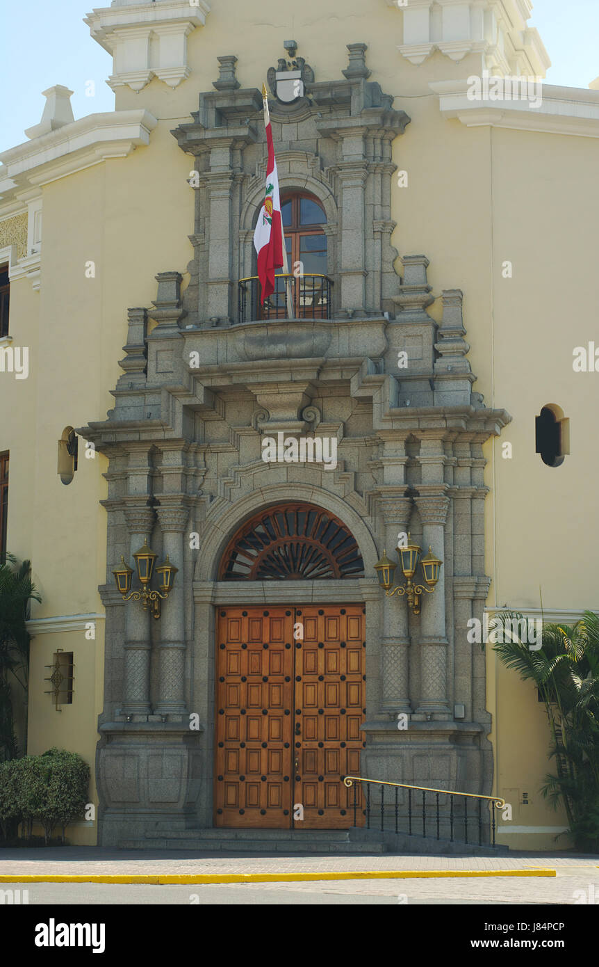 town hall flag peru entry building tree stone wood entrance door town ...