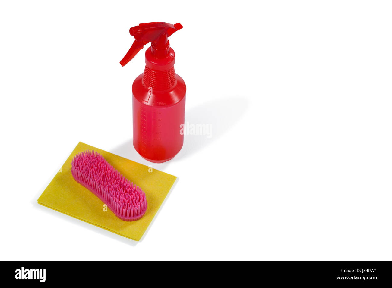 Cleaning spray bottle, sponge and brush on white background Stock Photo ...