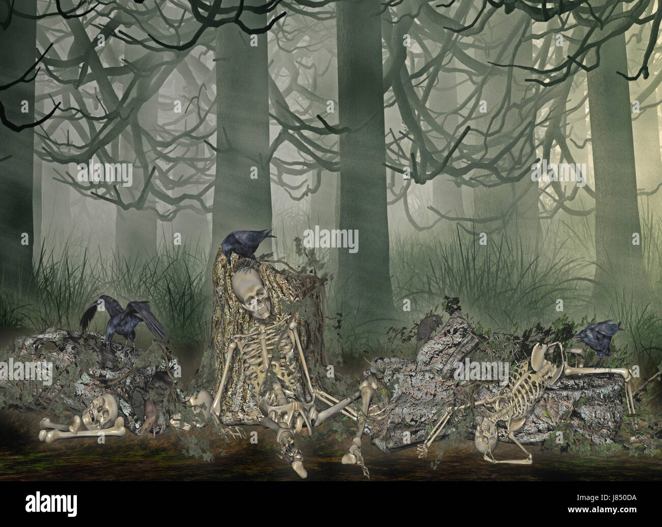 death tree night nighttime fog moon cemetery fear skull graves crow ...