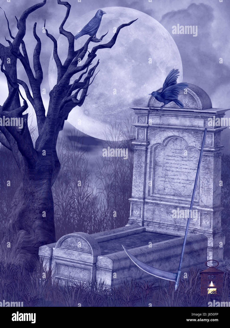 death tree night nighttime fog moon cemetery fear skull graves crow ...