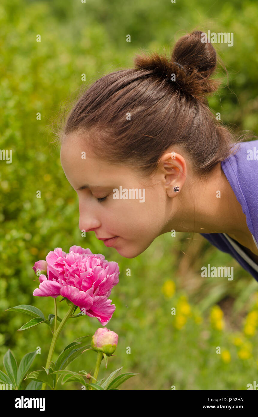 young woman smelling peony Stock Photo - Alamy