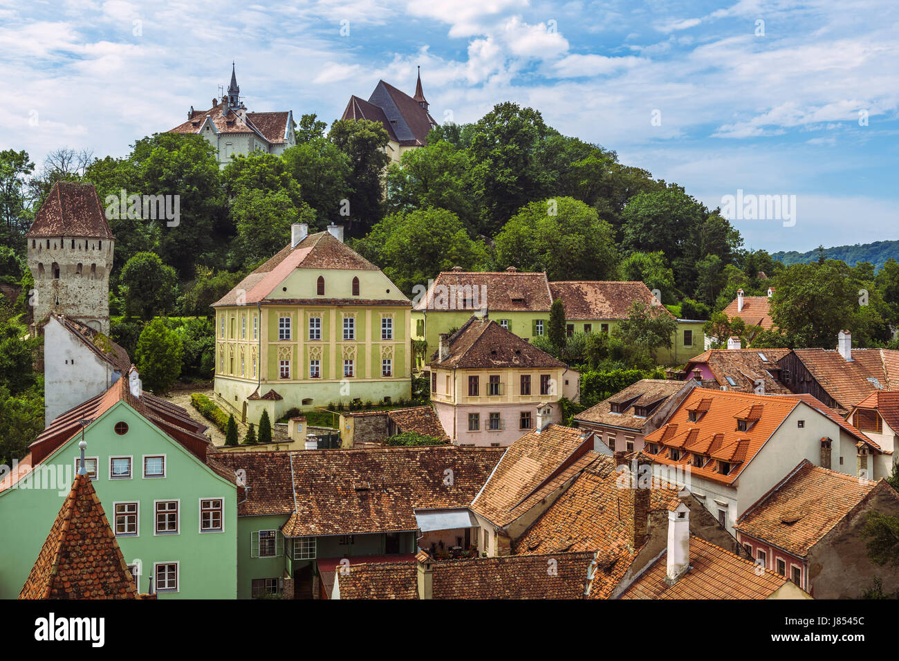Medieval citadel on the hill above the old Lower Town of Sighisoara ...
