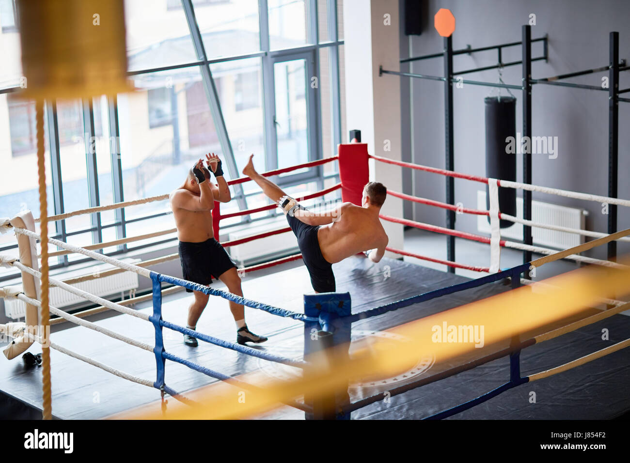 Training of kickboxers inside boxing ring Stock Photo - Alamy