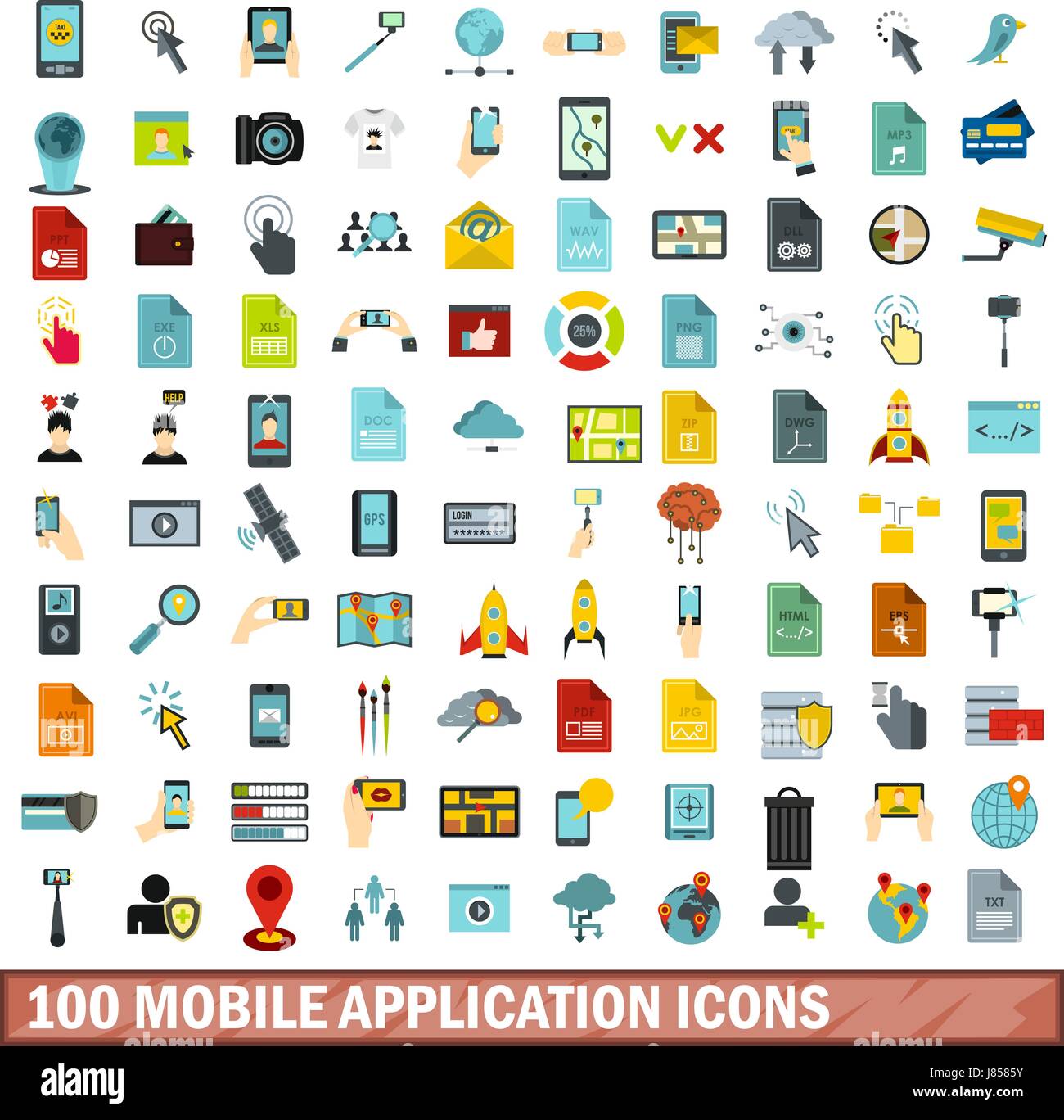 100 mobile application icons set, flat style Stock Vector Image & Art ...