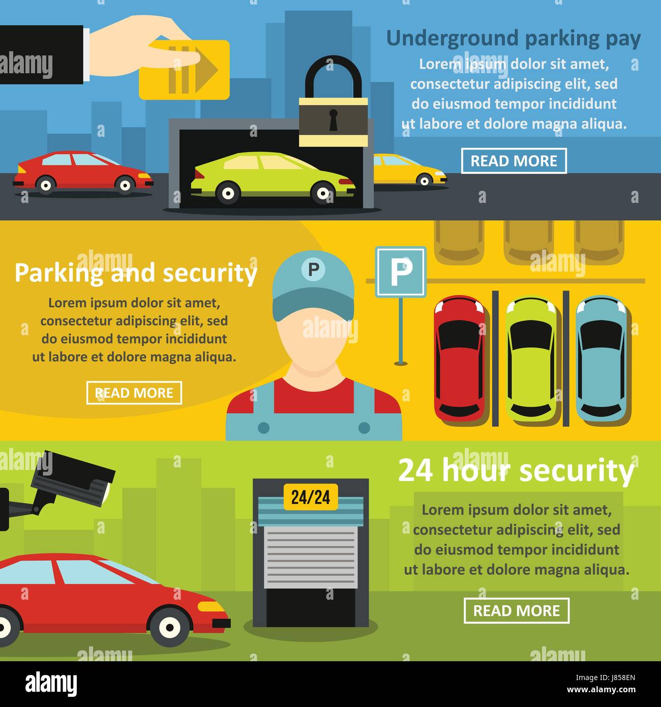Parking security banner horizontal set, flat style Stock Vector Image ...